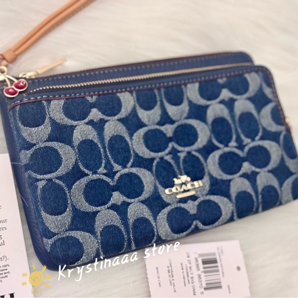 Coach | Bags | Coach Double Zip Wallet In Signature Denim With Cherry ...